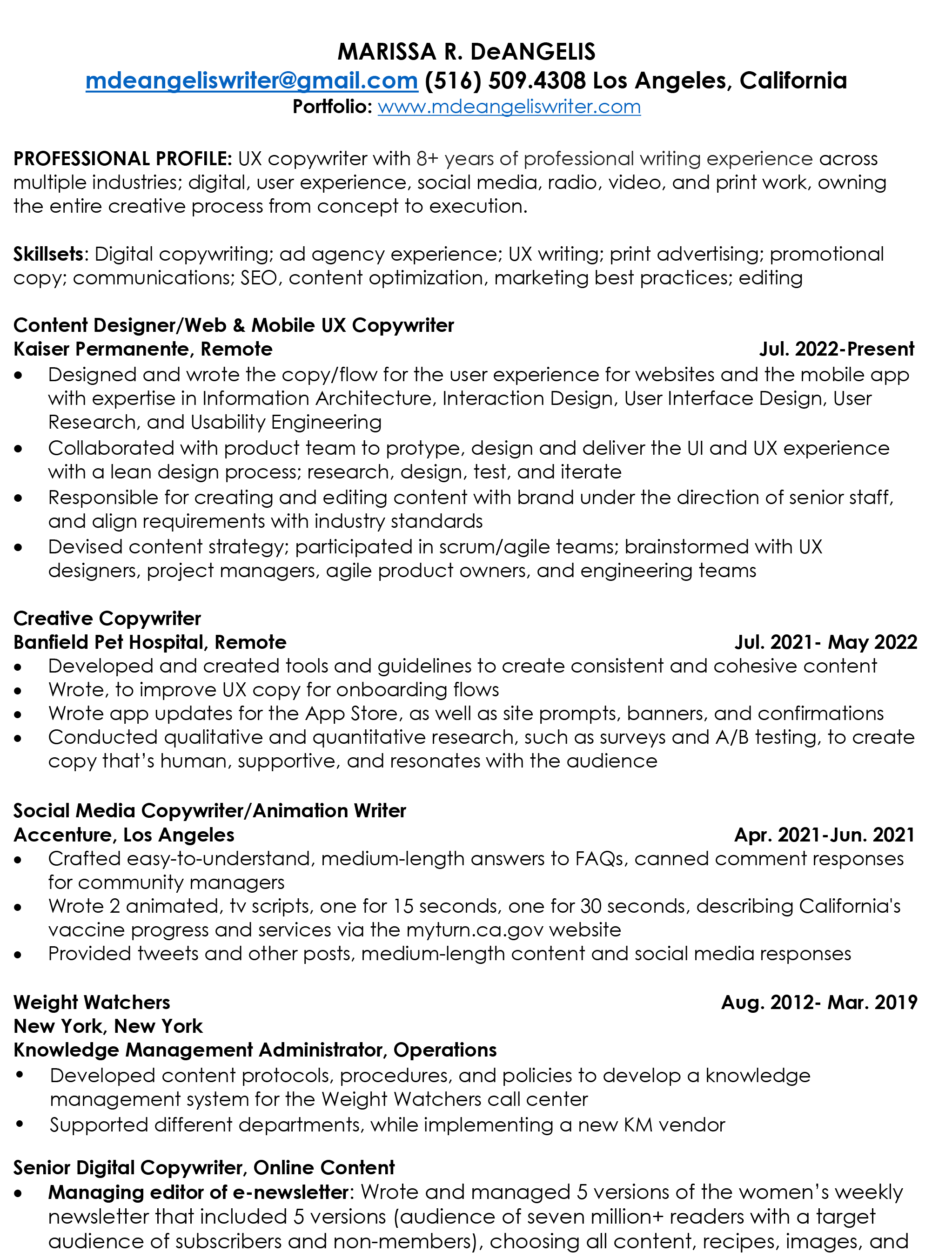 Resume – Marissa DeAngelis Portfolio